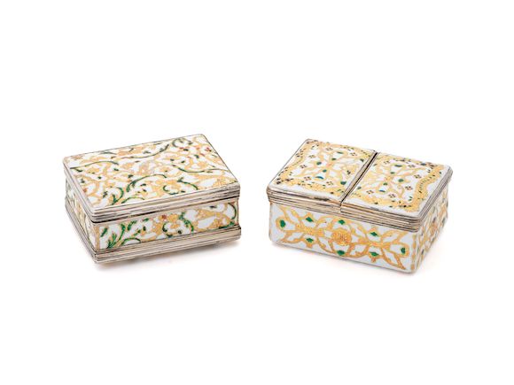 Bonhams : Two Fromery-type enamel snuff boxes, mid 18th century