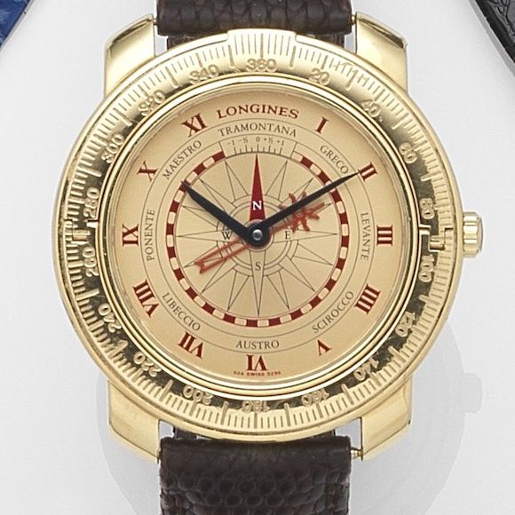 Bonhams : Longines. An 18ct gold automatic solar compass ...