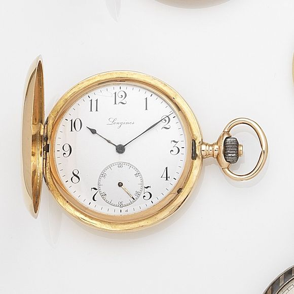 Bonhams : Longines. An 18ct gold keyless wind half hunter pocket ...