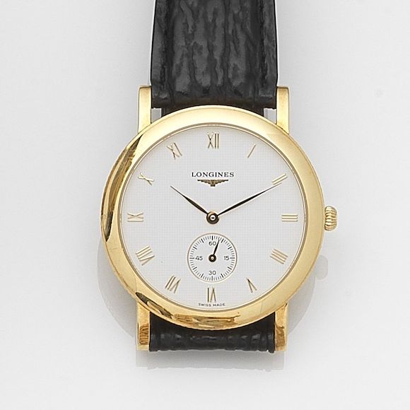 Bonhams : Longines. An 18ct gold manual wind wristwatchErnest ...