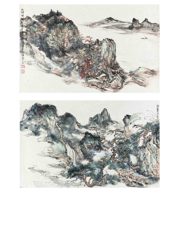 Bonhams : Hong Bo (b.1966) Two Landscape Paintings