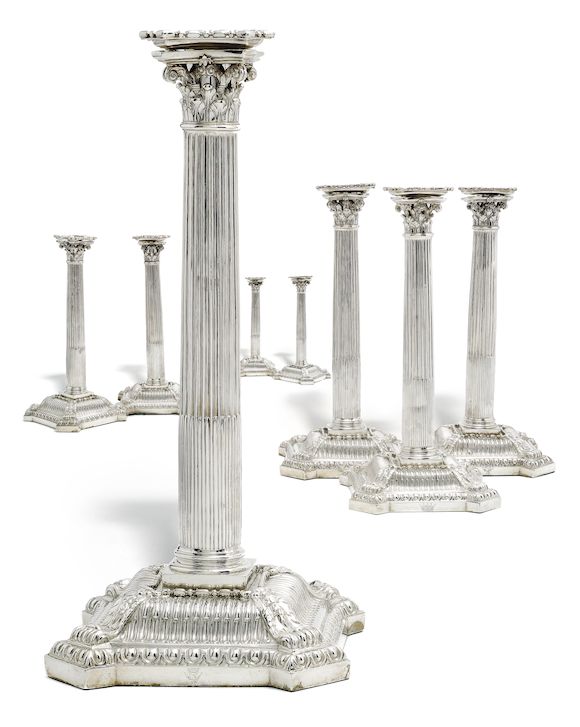Bonhams : Eight 18th century silver candlesticks only one with visible ...