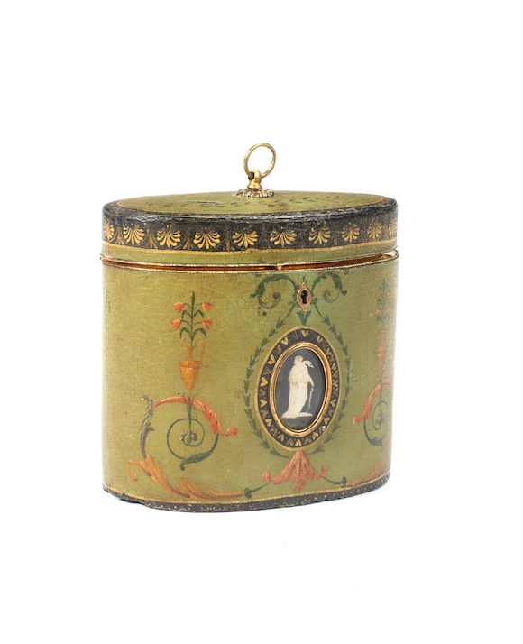 Bonhams : A George III polychrome decorated oval paper mâché tea caddy ...