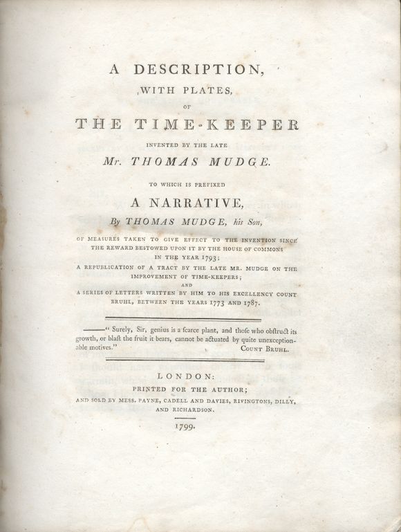 Bonhams : MUDGE (THOMAS) A Description, with Plates, of The Time-Keeper ...