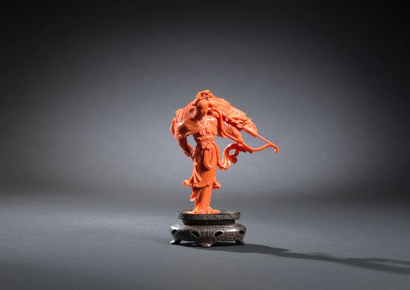 Bonhams : A coral figure of a heroine archer Qing dynasty