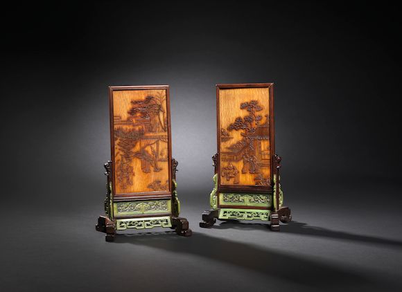 Bonhams : A pair of stained ivory screens and stands Mid Qing dynasty