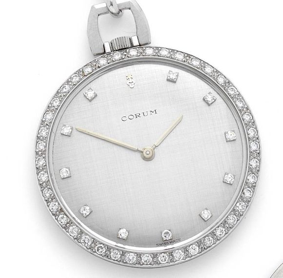 Bonhams : Corum. A mid 20th century 18ct white gold keyless wind lapel ...