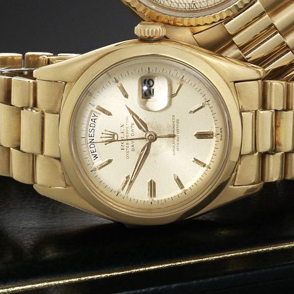 Bonhams : Rolex. A fine and rare 18ct gold automatic calendar bracelet ...