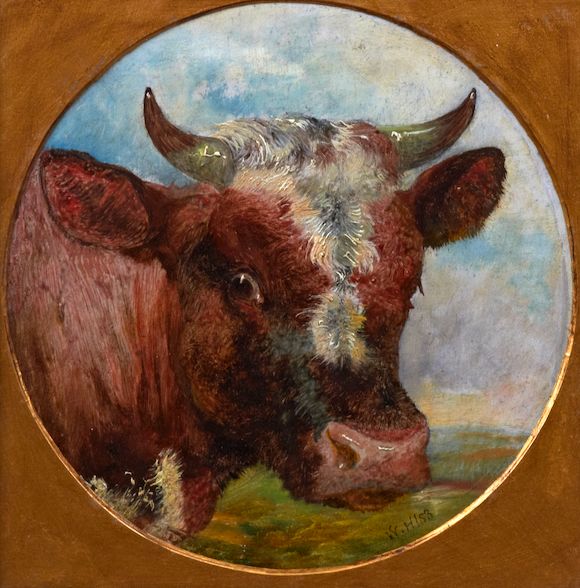 Bonhams : William Huggins (British, 1820-1884) Head of a Bull 21 cm diam.