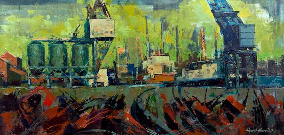 Bonhams : Hywel Harries (Welsh, 1921-1998) 'Silos and Scrap, Cardiff Docks'