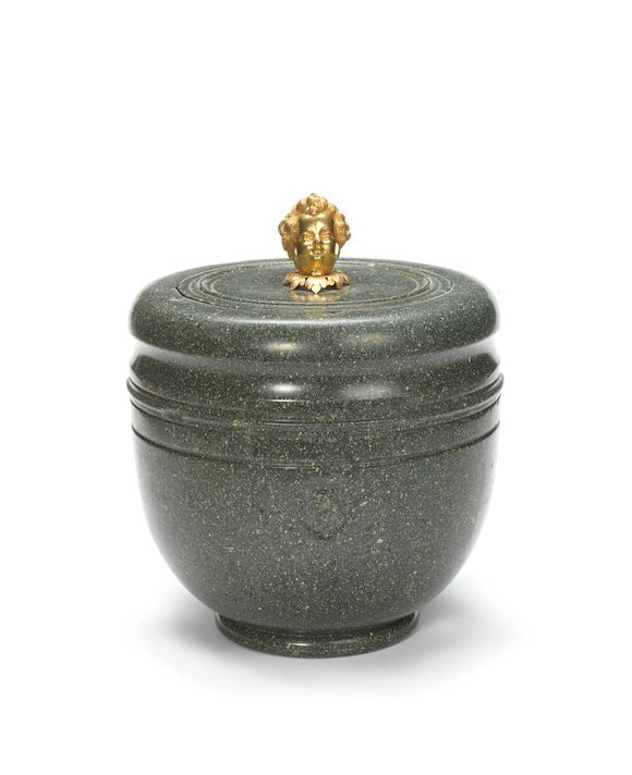 Bonhams : An Italian gilt bronze and green porphyry lidded urn
