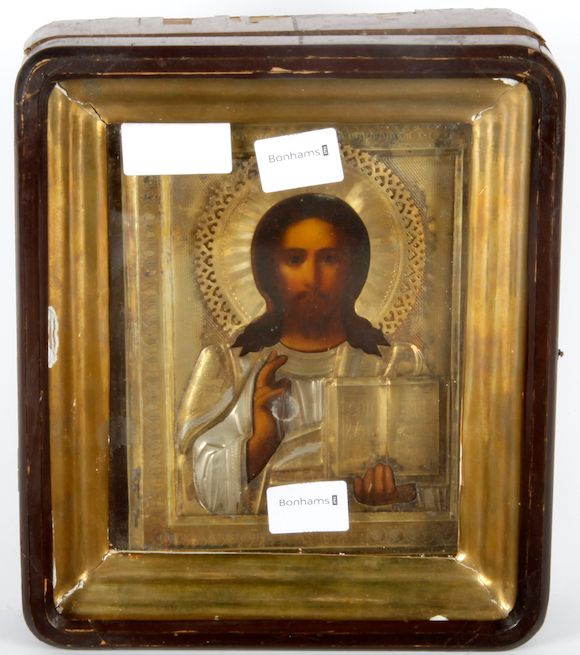 Bonhams : A late 19th Century Russian painted and gilded white metal icon,