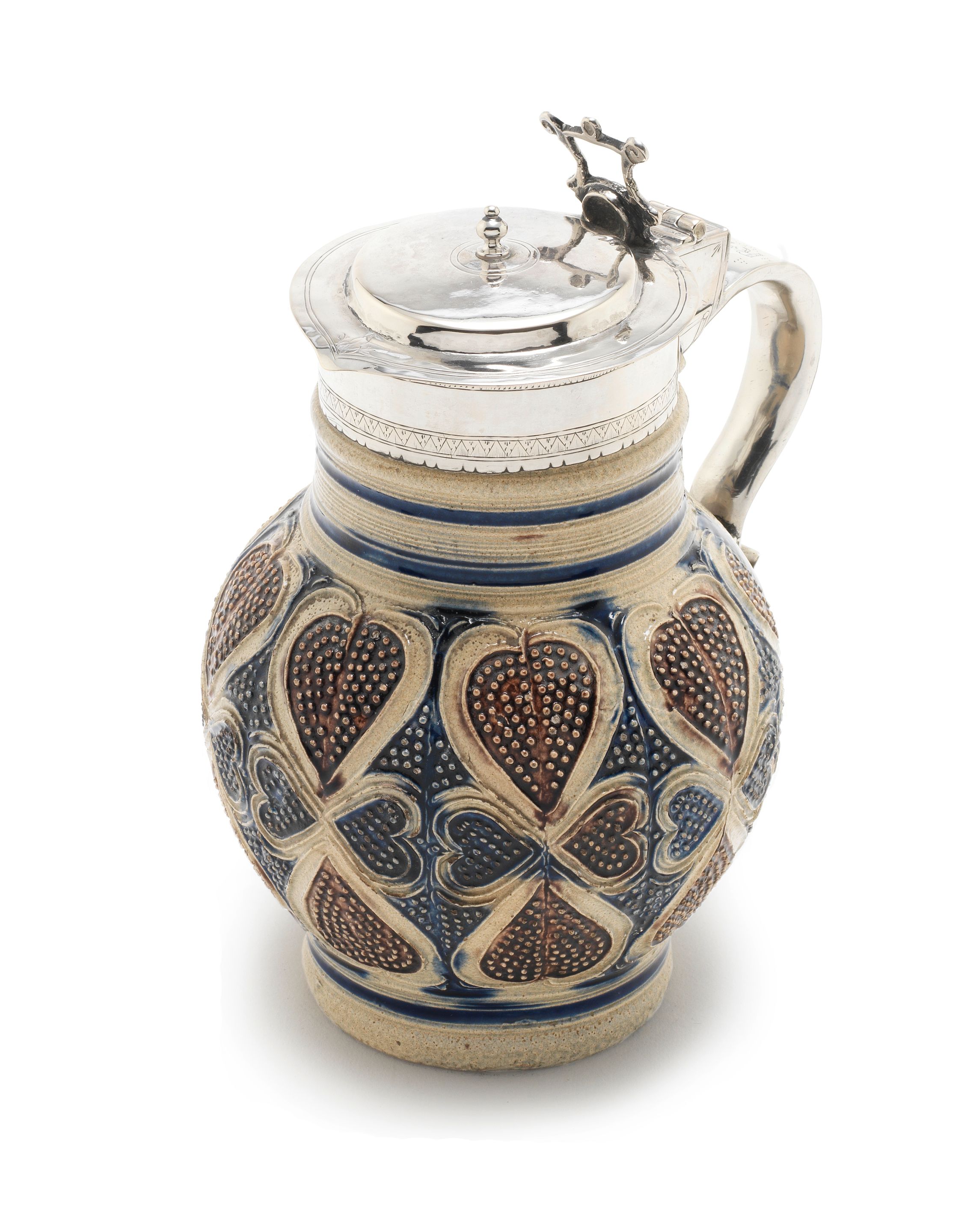 Bonhams : An unmarked 17th century silver-mounted and stoneware tankard/jug