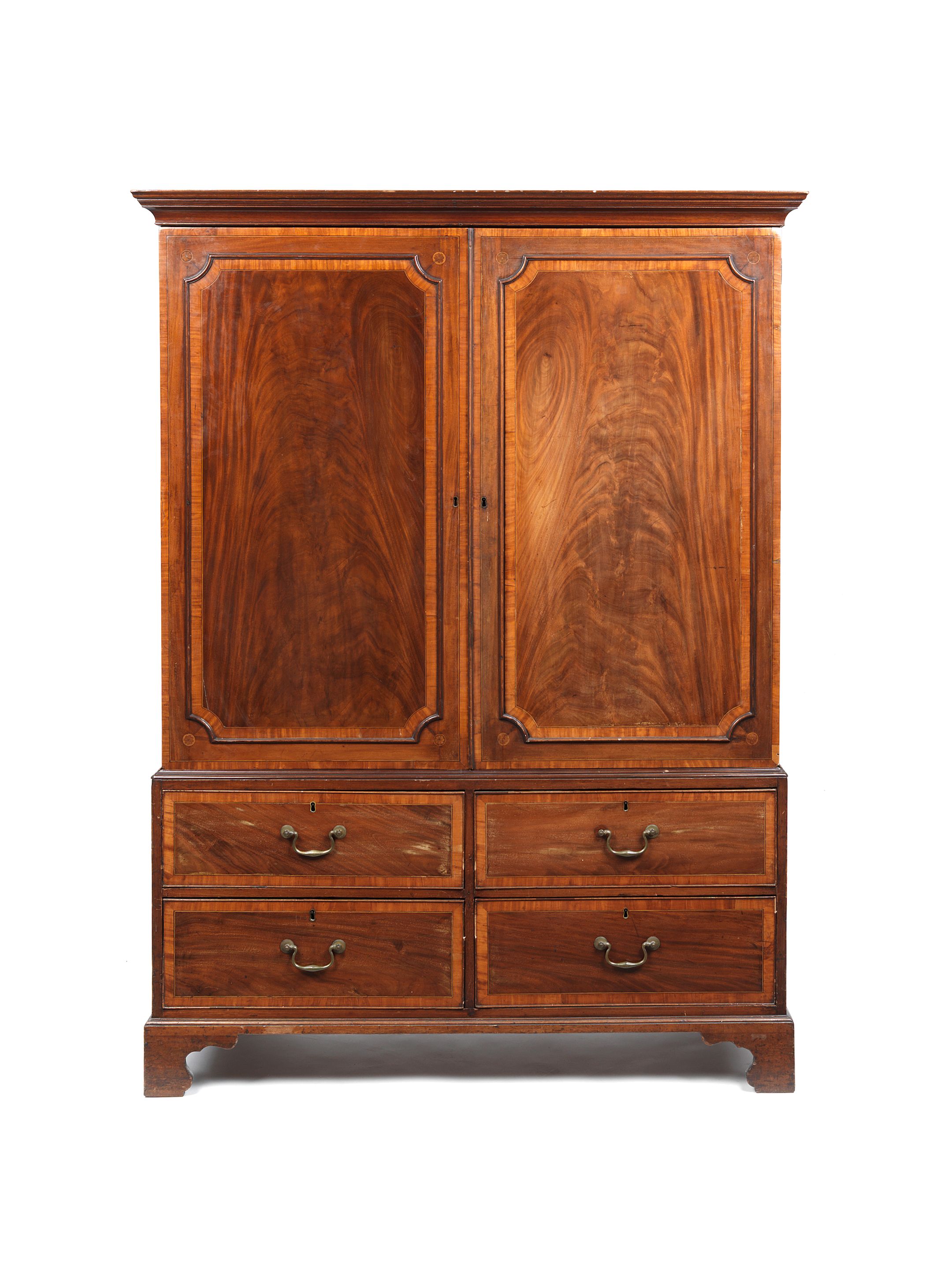 Bonhams : A George III mahogany and satinwood crossbanded linen press