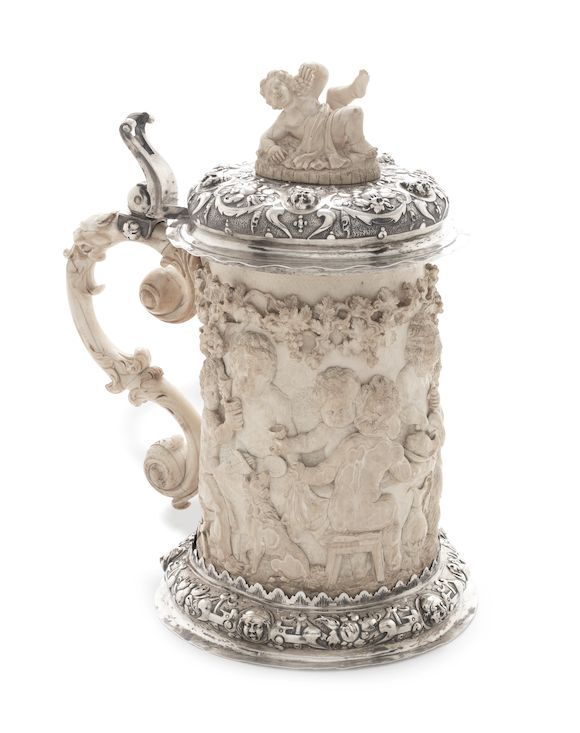 Bonhams : A 19th century German silver-mounted and carved ivory tankard ...