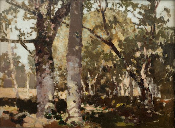 Bonhams : Harry Watson (British, 1871-1936) A sun-dappled wooded lane