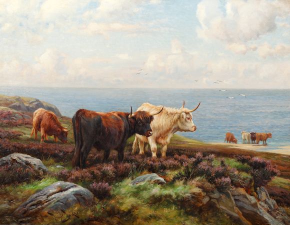 Bonhams : Wright Barker (British, 1863-1941) Highland cattle on the coast