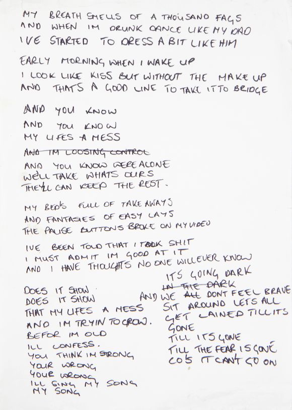Bonhams : Robbie Williams: A page of handwritten lyrics for the song ...