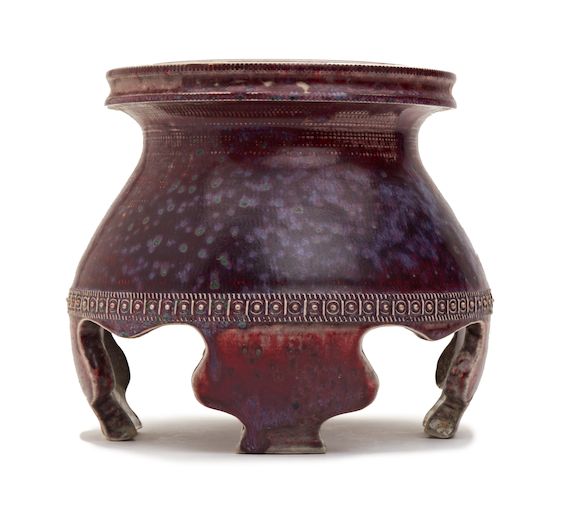 Bonhams : A Ruskin high-fired Flambé glazed jardinière or vase stand ...
