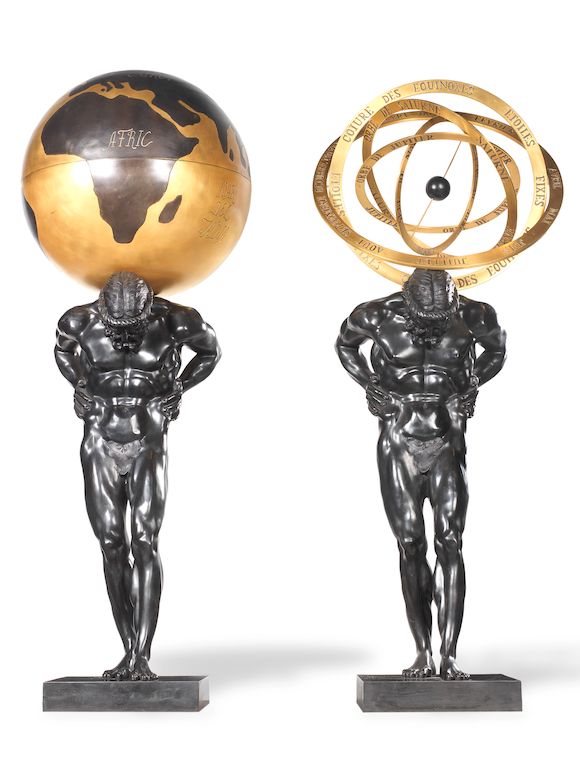 Bonhams : A pair of modern gilt and patinated bronze Atlas figures