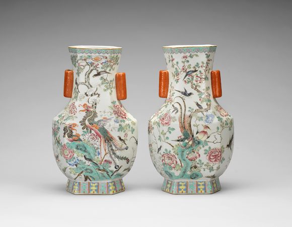 Bonhams : A pair of famille rose hu vases 19th/20th century