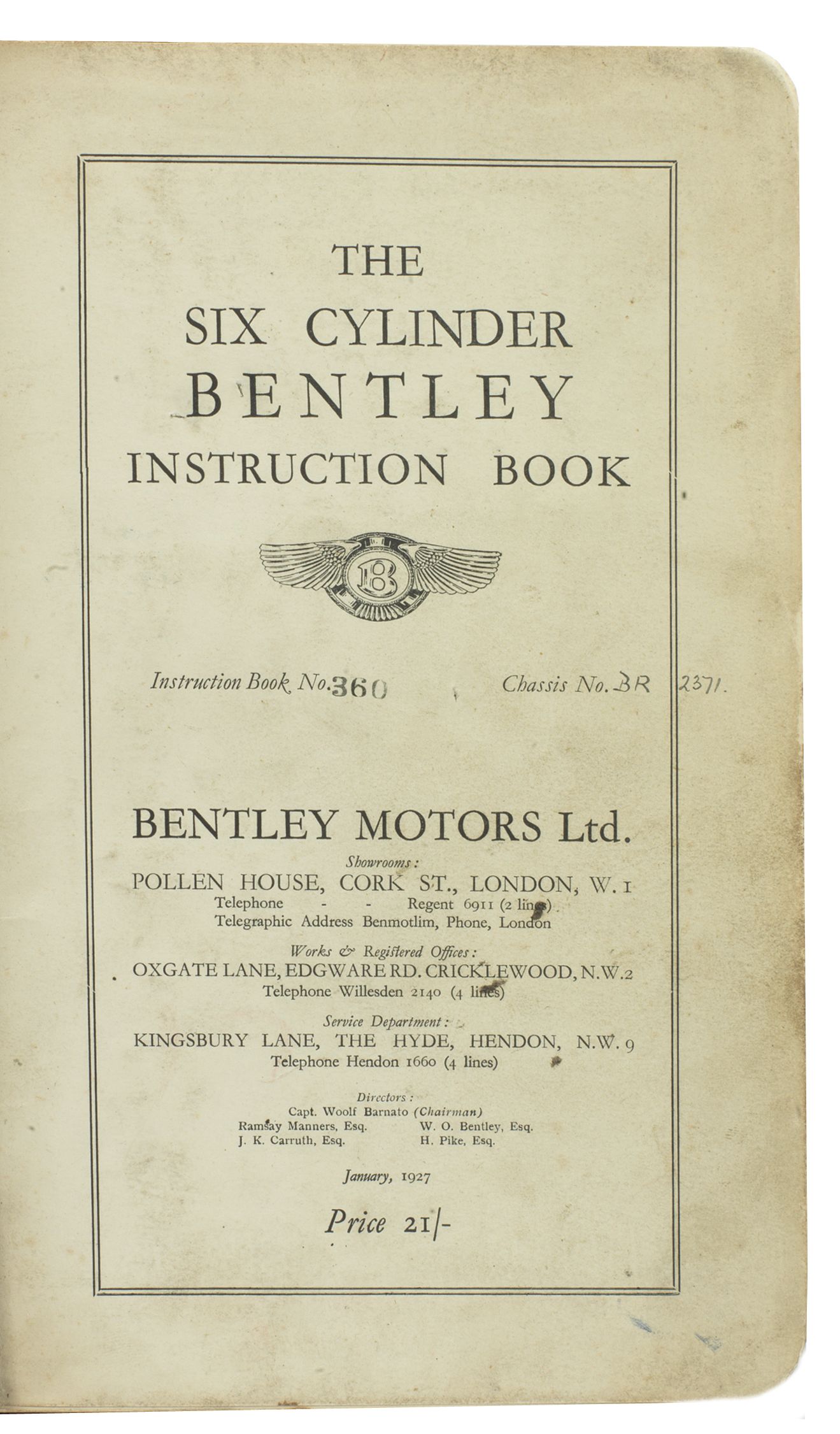 Bonhams Cars : A Six Cylinder Bentley Instruction Book issued to ...