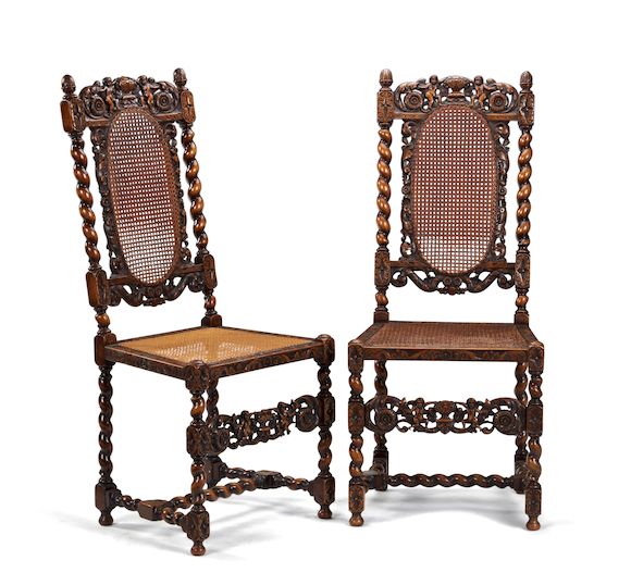 Bonhams : A pair of Charles II style beech and cane chairs