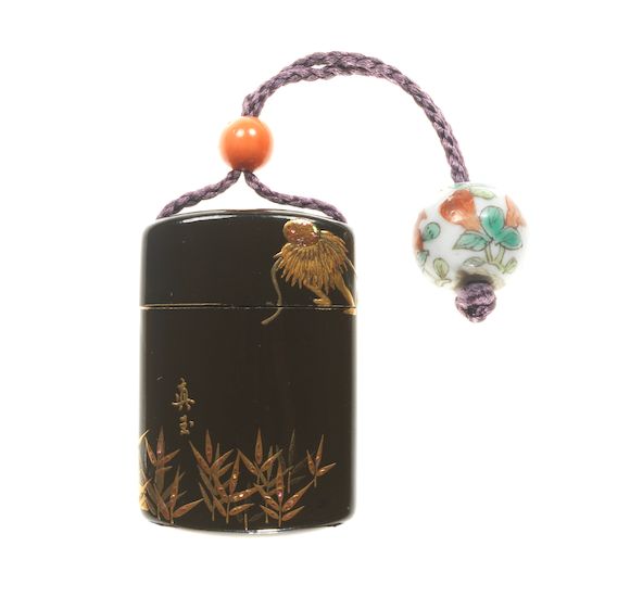 Bonhams : A black lacquer miniature single-case inro By Shingyoku, 19th ...
