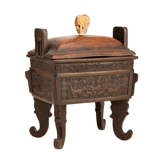 Bonhams : A bronze censer, fang ding 18th century