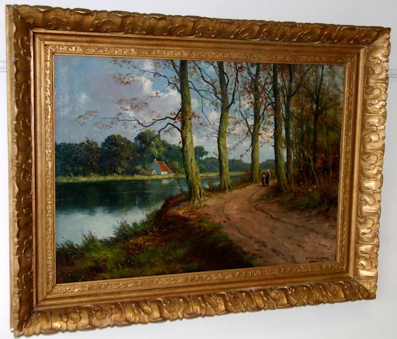 Bonhams : Hendrik Mathys (Belgian) Wooded river landscape with figures on a path