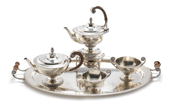 Bonhams : A silver five-piece tea service including kettle on stand and ...