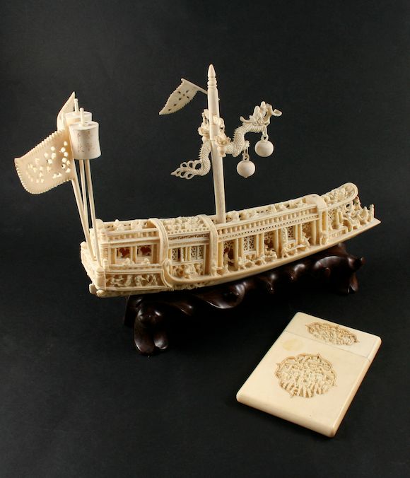 Bonhams : A Chinese carved ivory model of a junk Early 20th Century