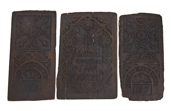 Bonhams : An unusual set of three carved oak panels, carved with the ...