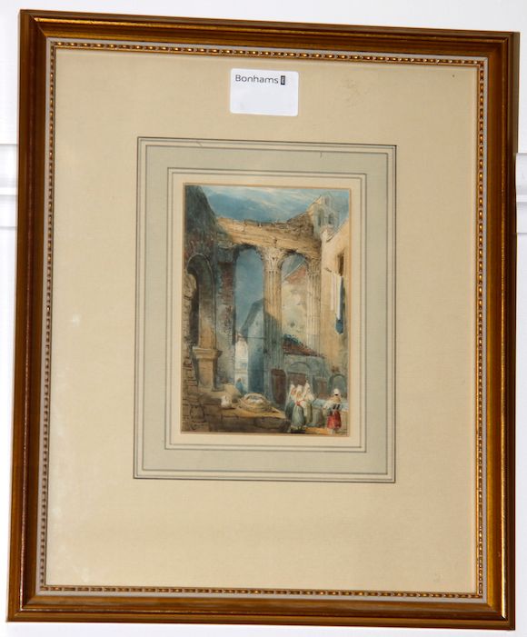 Bonhams : Attributed to William Crouch (British, 1817-1840) Continental town view; figures by a ...