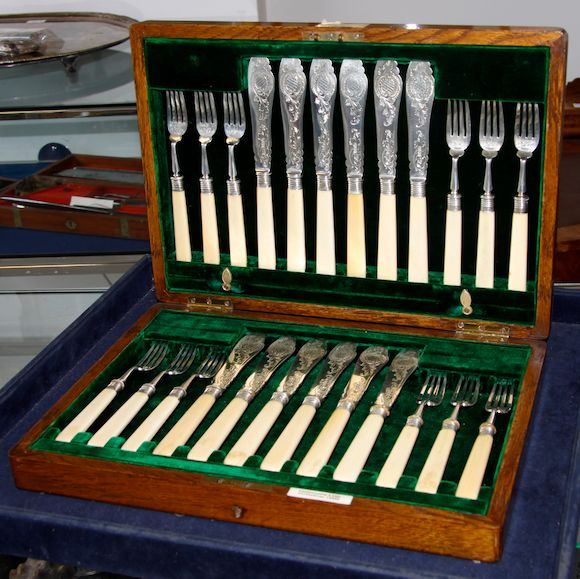 Bonhams : A silver and ivory handled twelve place fish set Z ...