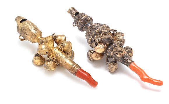 Bonhams : A cased George III silver-gilt mounted coral baby rattle ...