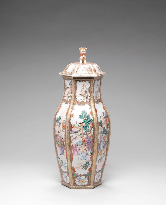 Bonhams : A famille rose hexagonal baluster vase and cover 18th century