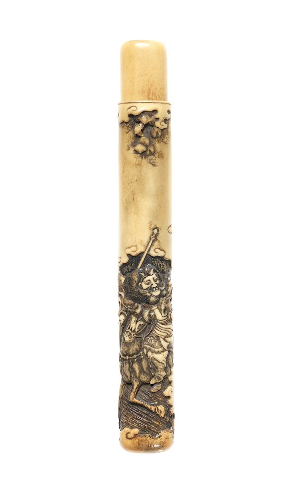 Bonhams : A stag-antler kiseruzutsu (pipe case) By Seishu, 19th century