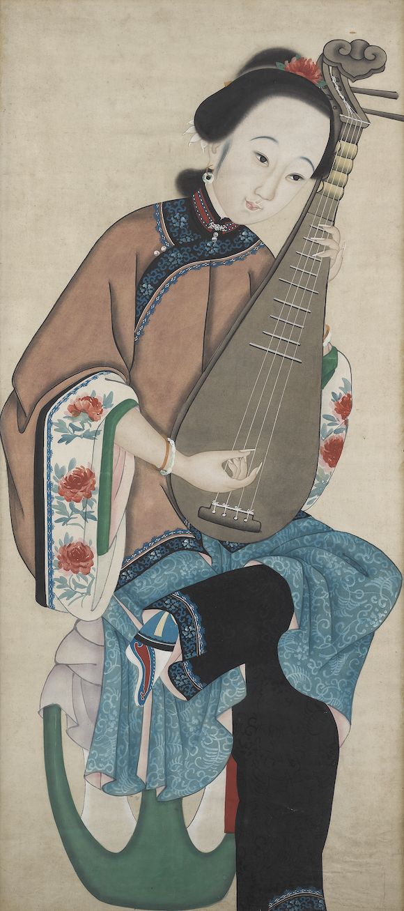 Bonhams : A painting of a seated female musician Qing Dynasty