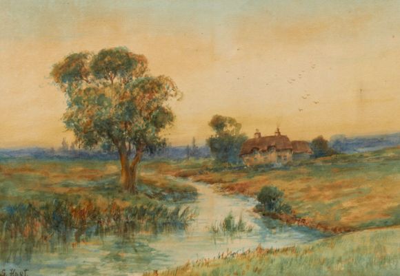 Bonhams : Martin Snape (British, active 1874-1901) Village on a river ...