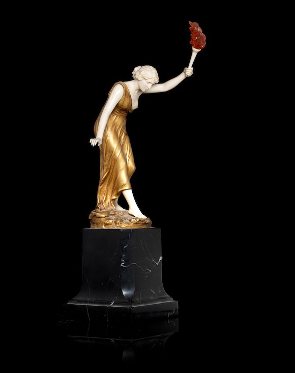 Bonhams : Ferdinand Preiss 'Grecian with Torch' a Carved Ivory and Gilt ...
