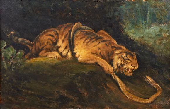 Bonhams : Circle of Gustave Surand (French, 1860-1937) Tiger fighting a ...