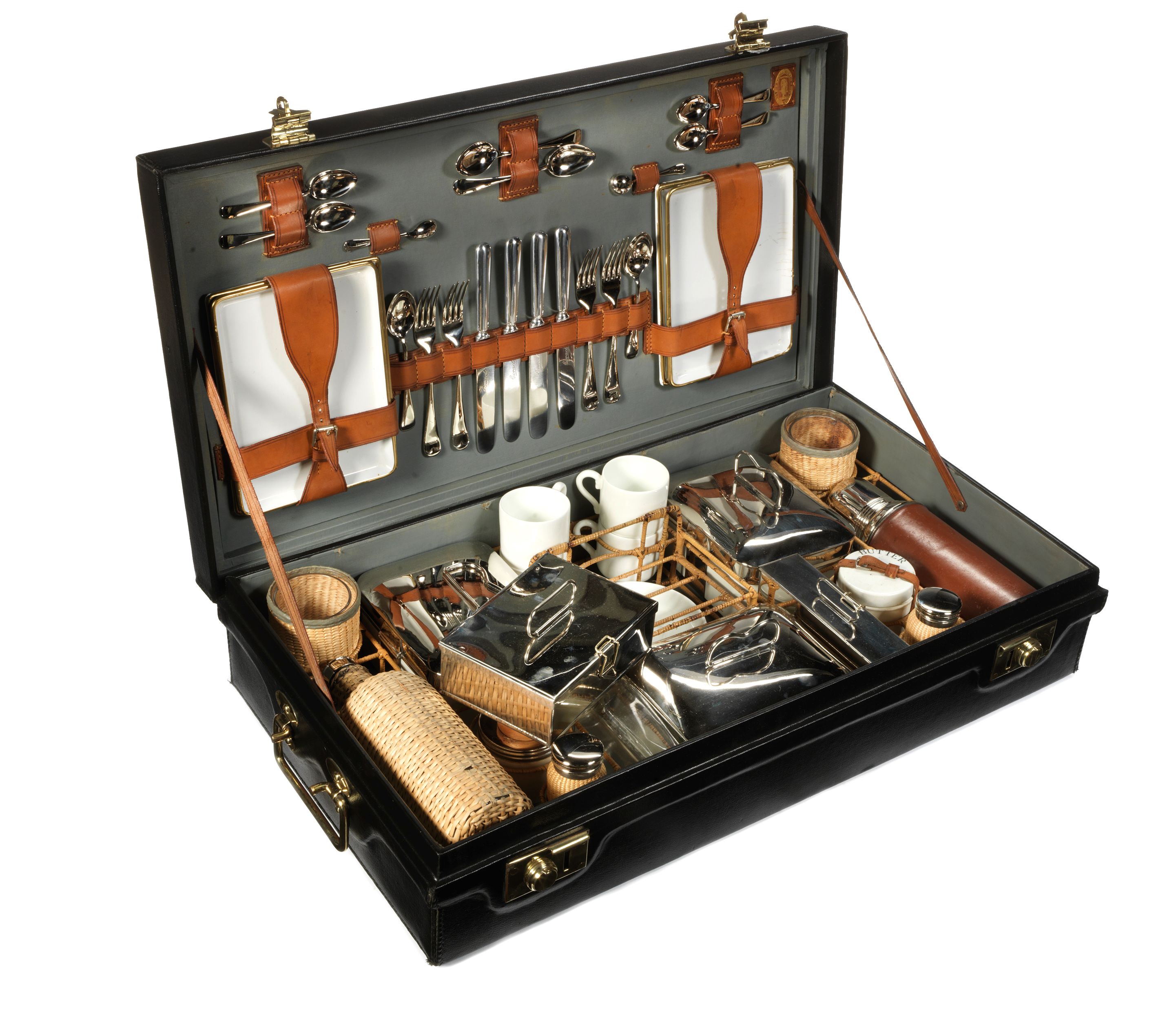 Bonhams Cars : A fine cased Coracle brand picnic set for four persons ...
