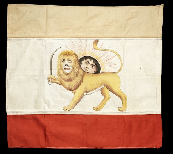 Bonhams : Two Qajar painted cotton Flags Persia, early 20th Century(2)