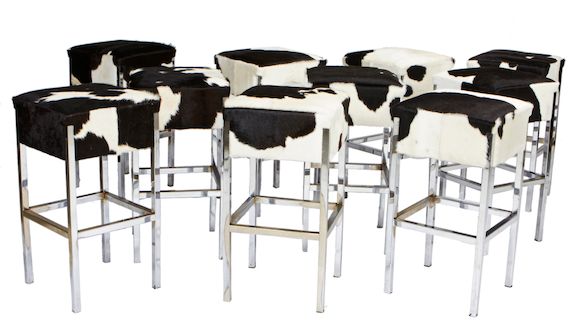 Bonhams : A set of ten chrome and cow hide upholstered bar stools