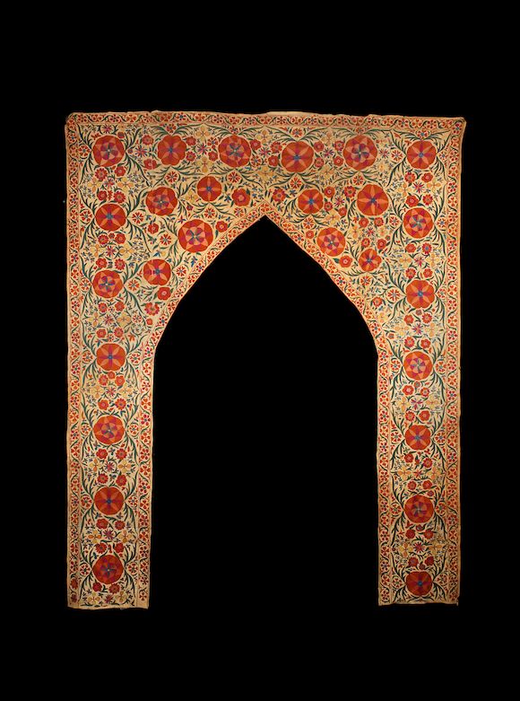 Bonhams : A fine Bokhara silk embroidered linen Portiere Uzbekistan ...