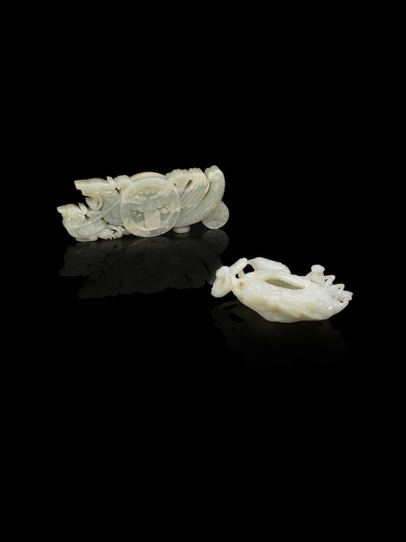 Bonhams : An unusual pale green jade 'duck' carving and a pale green ...