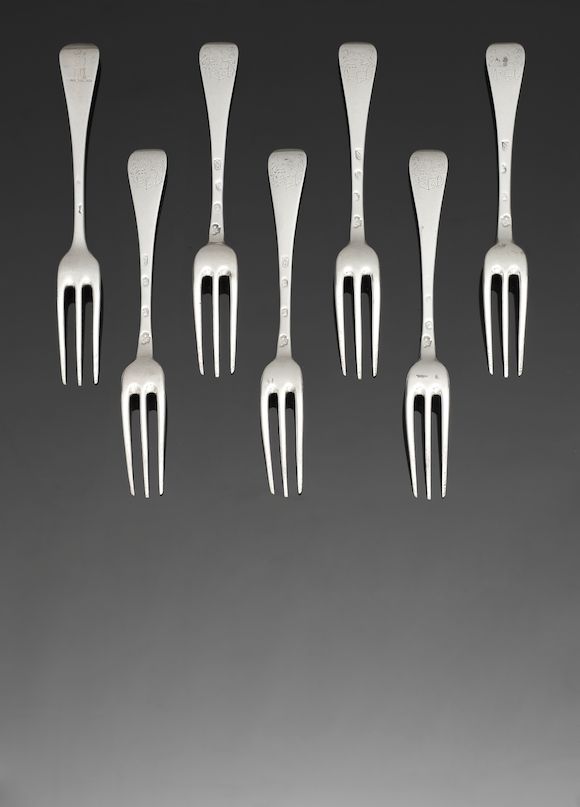 Bonhams : Six early George I silver Hanoverian pattern table forks by ...