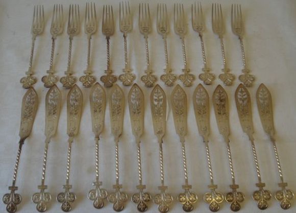 Bonhams : A good set of twelve each plated fish eaters, in the Gothic ...