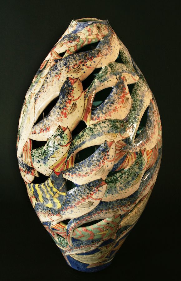 Bonhams : Roger Cockram 'Shoal of Fish' a Large Pierced Stoneware ...